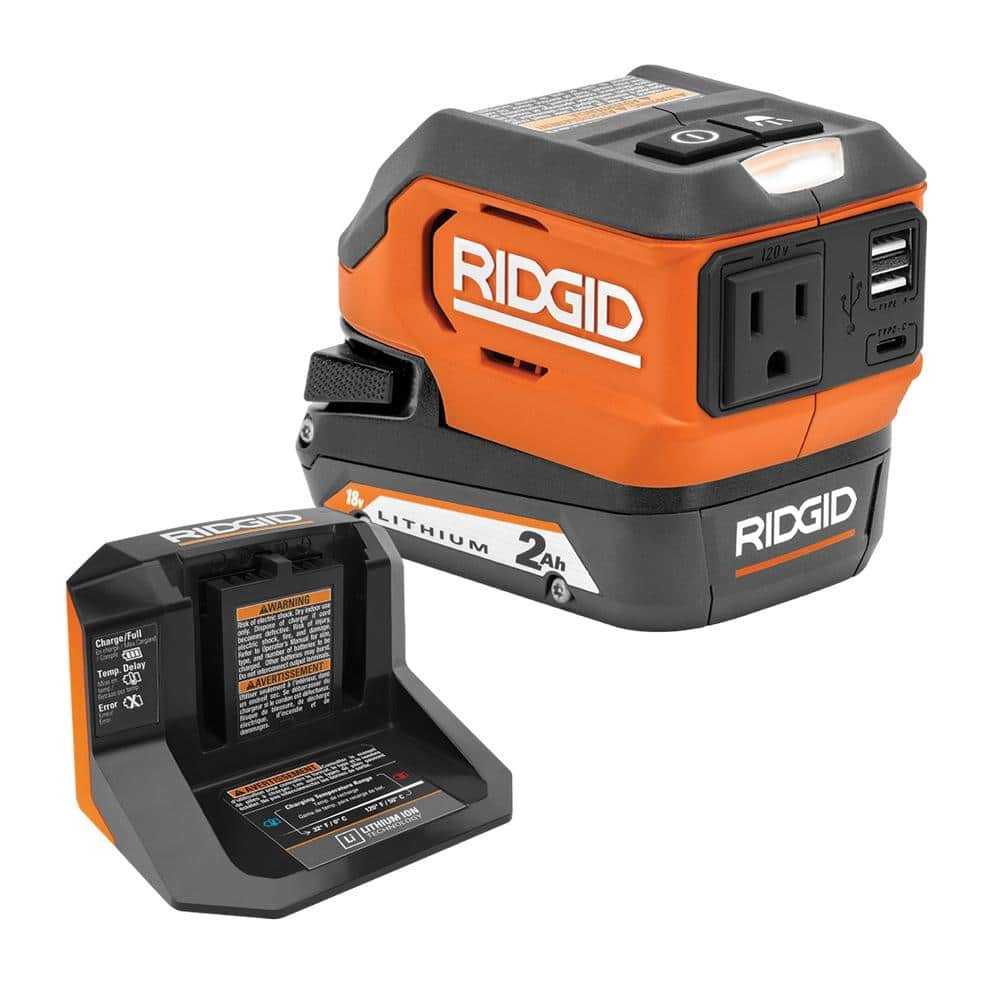 RIDGID 18V Cordless AC Inverter Kit with 2.0 Ah Lithium-Ion Battery an ...